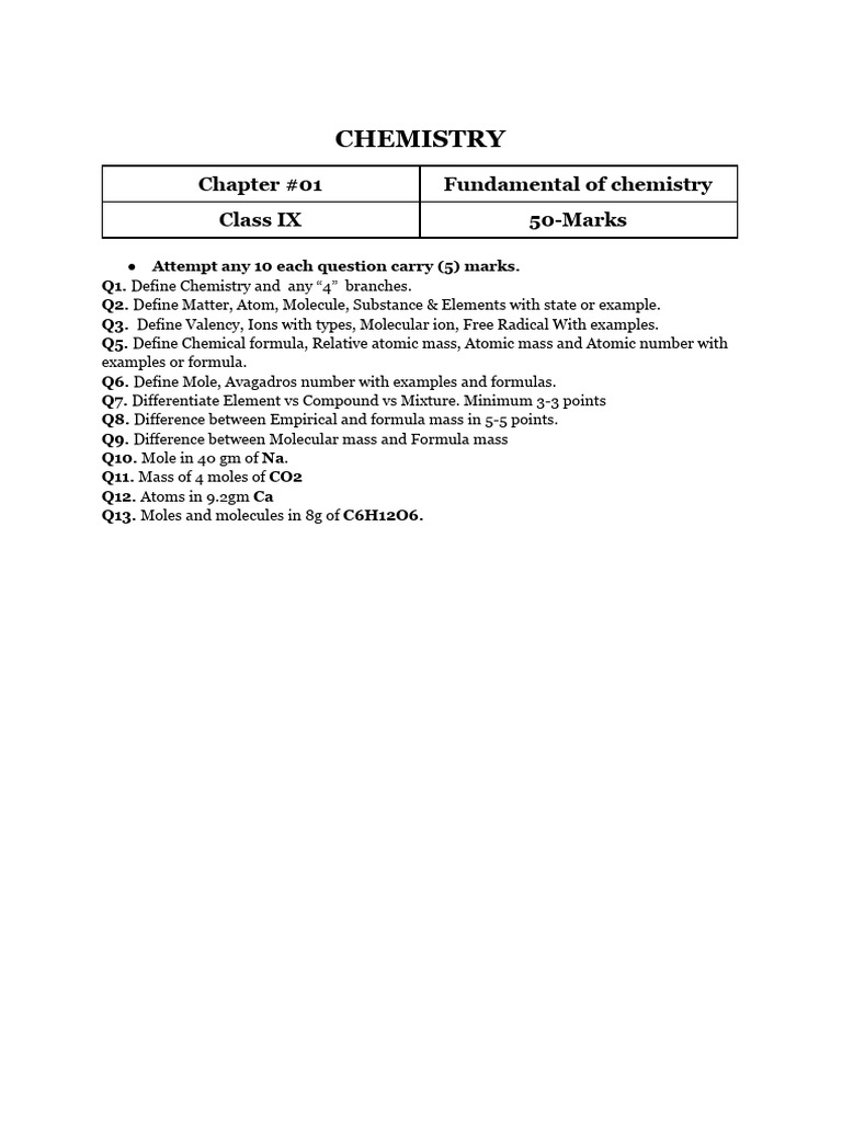 CHEMISTRY Ix Class Chapter 1 Paper | PDF