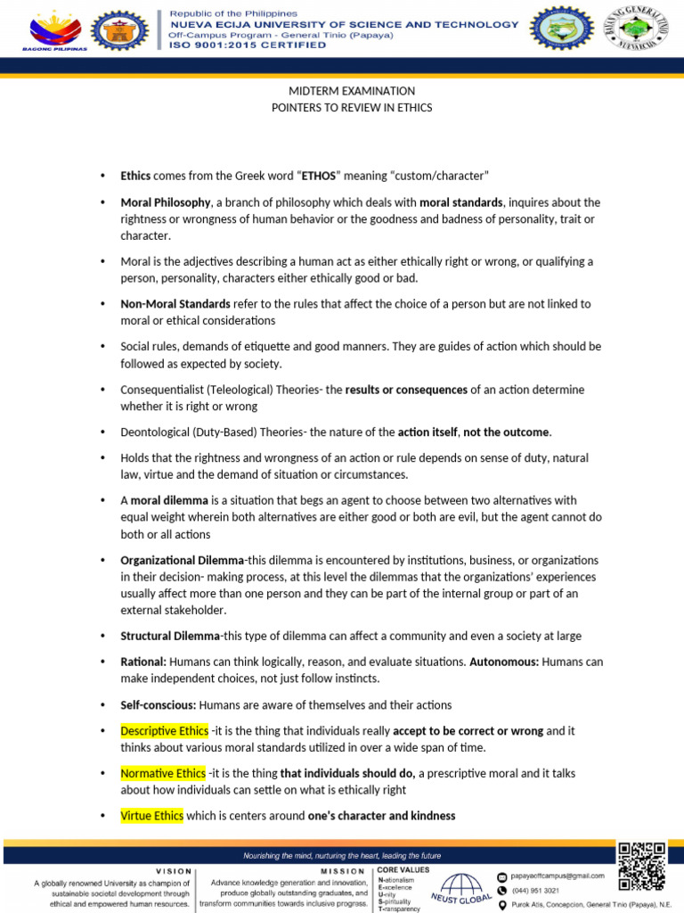 Reviewer in Ethics. Midterm Examination | PDF | Morality | Applied Philosophy