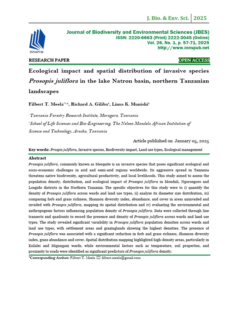 Ecological Impact and Spatial Distribution of Invasive Species Prosopis ...