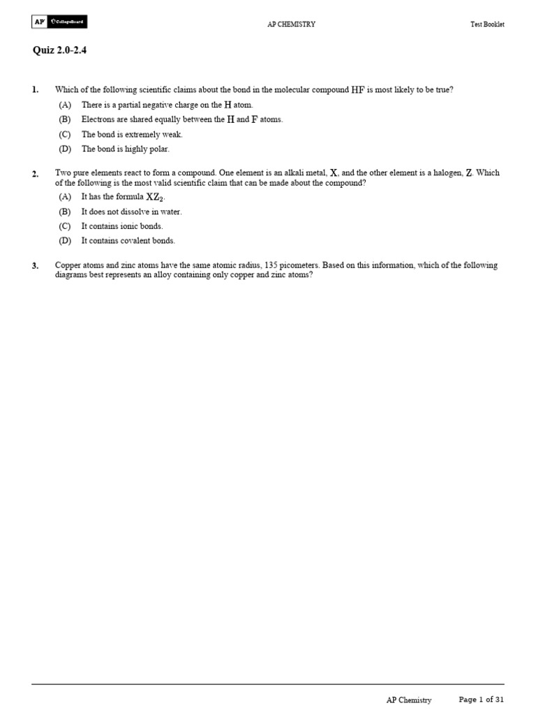 AP Chemistry Bonding Concepts Quiz | PDF | Chemical Bond | Chemical ...