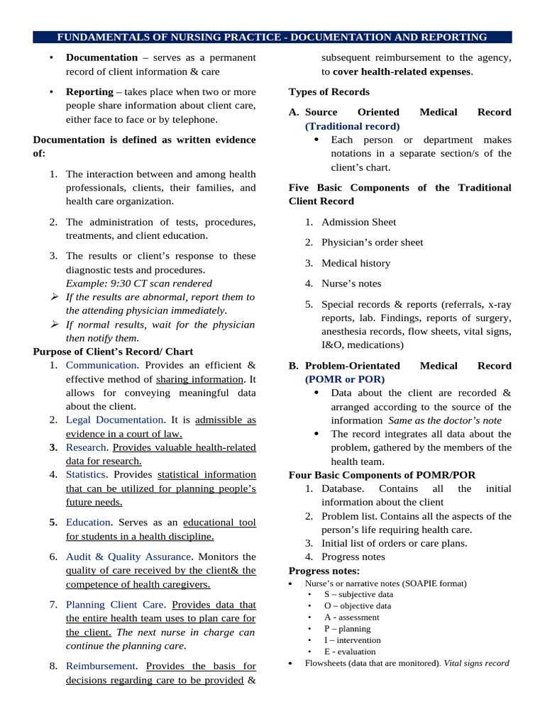 Documentation and Reporting | PDF | Medical Diagnosis | Nursing