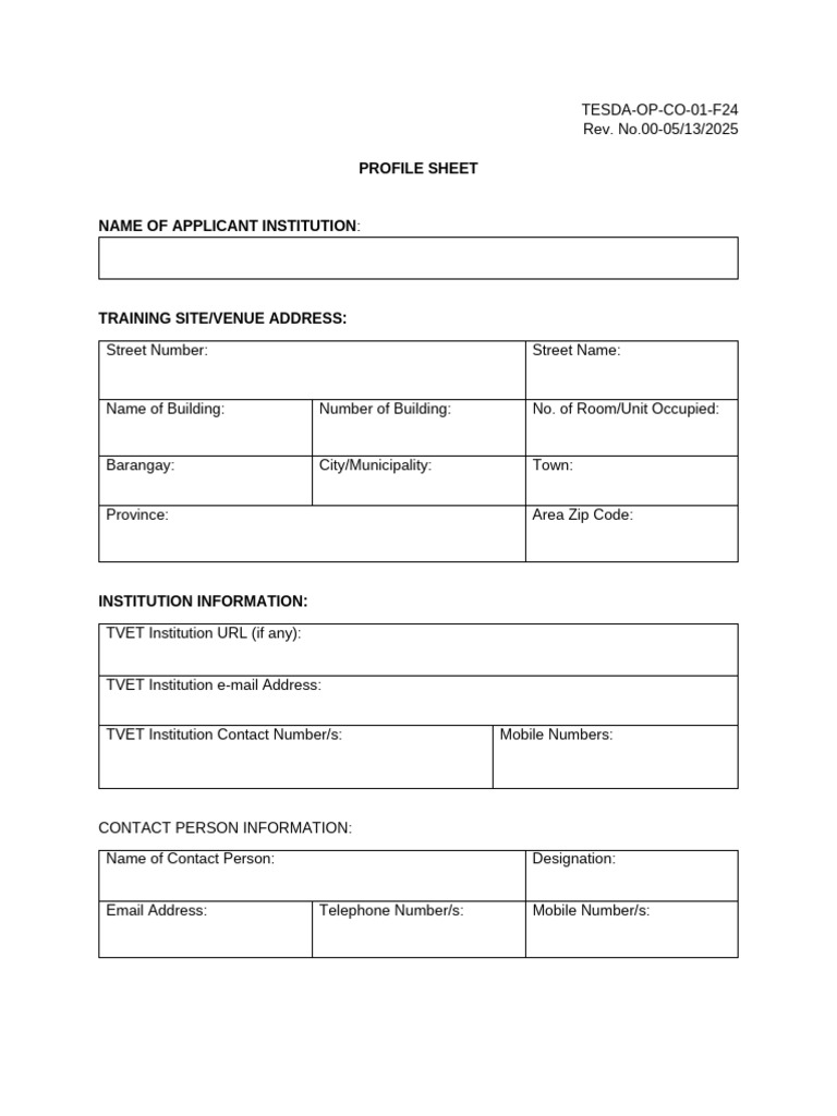 TESDA Training Institution Profile Sheet | PDF