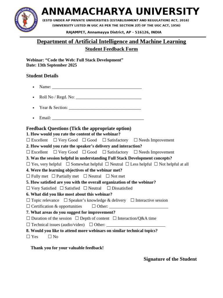 Feedback Form - Webinar - AI&DS | PDF