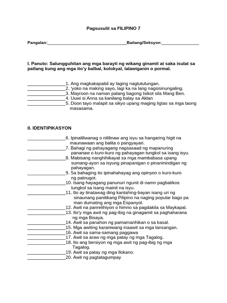 Long Quiz Sa Filipino | PDF