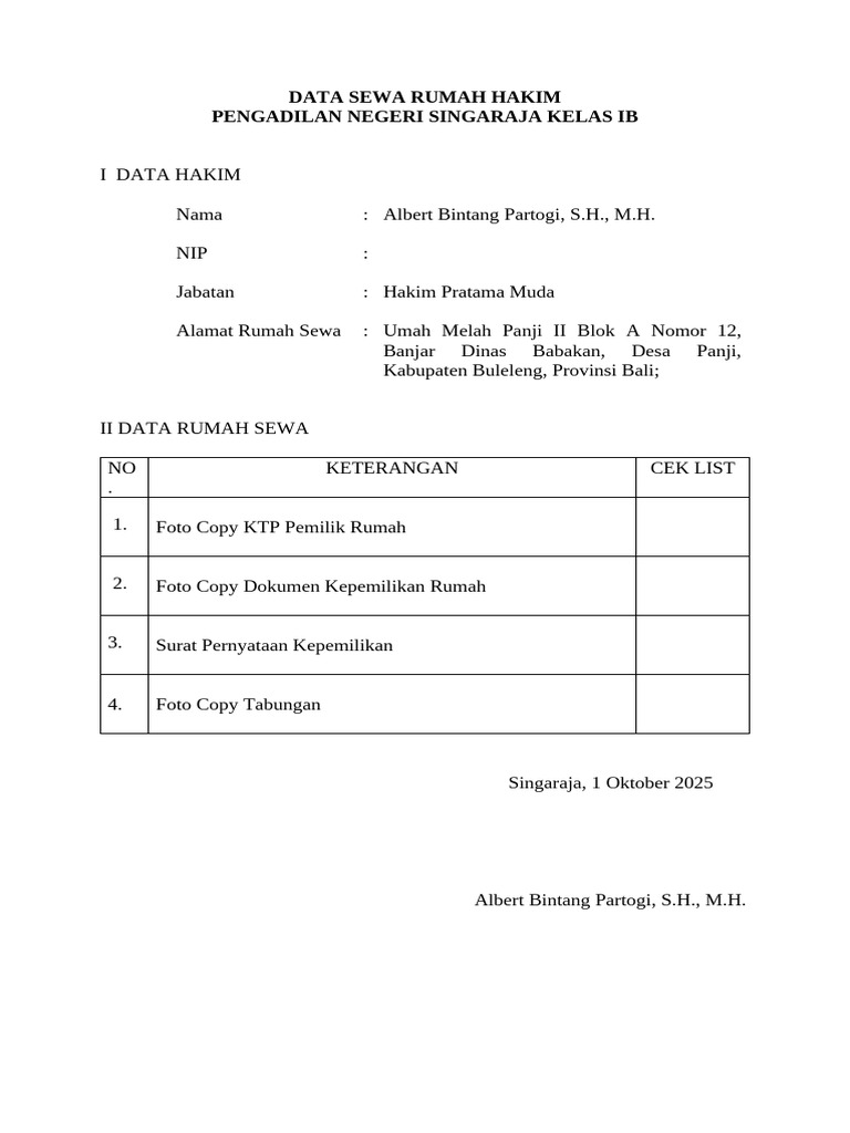 Data Sewa Rumah Hakim Singaraja | PDF
