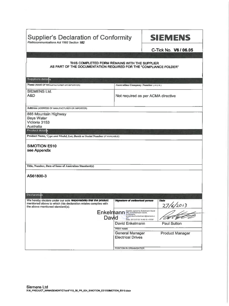 C-Tick Declaration-SIMOTION E510 668 DCOC0613 40 001 | PDF