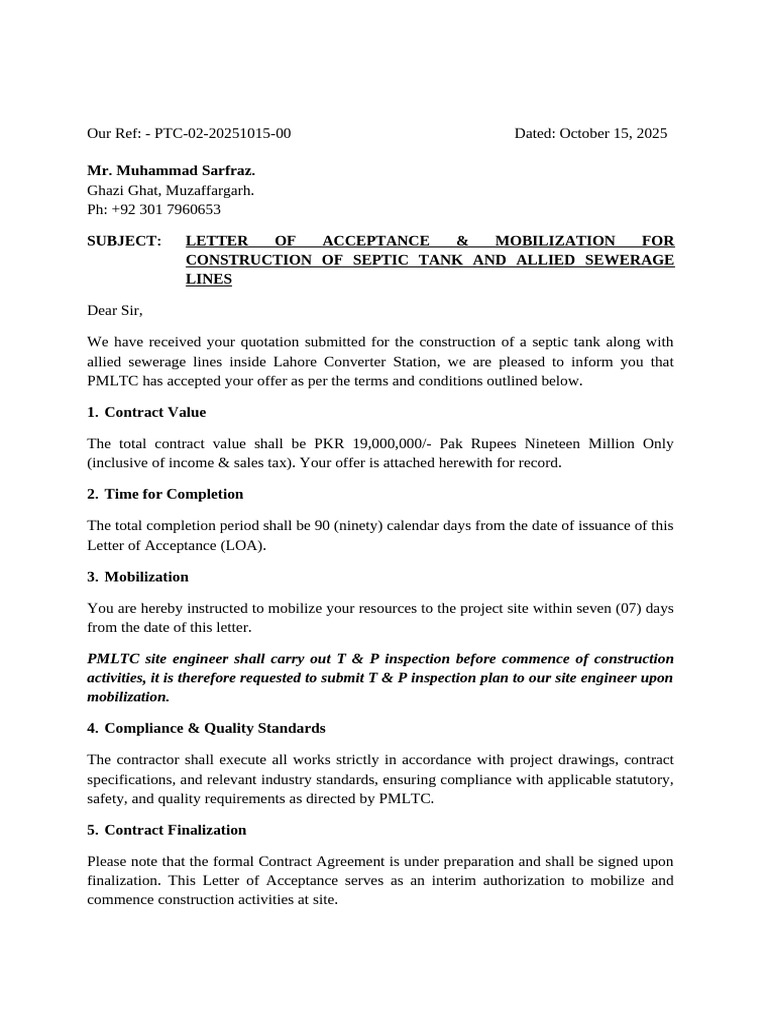 Letter of Acceptance and Mobilization PMLTC | PDF
