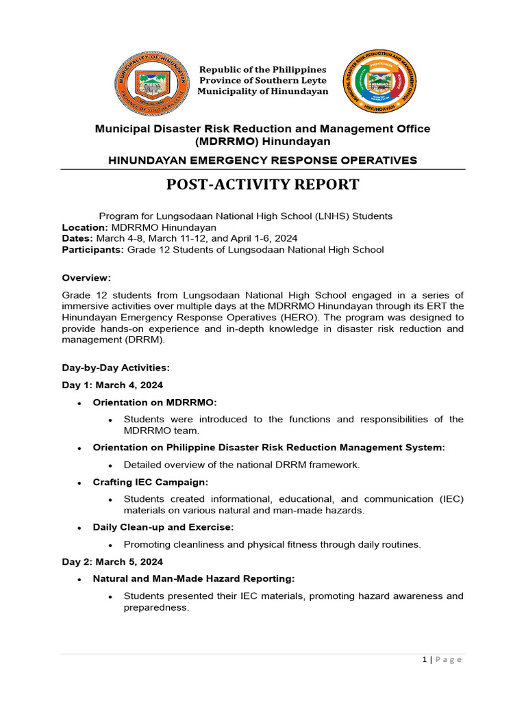 DRRM Training and Immersion Batch 5 Program For Lungsodaan National High School LNHS Students ...
