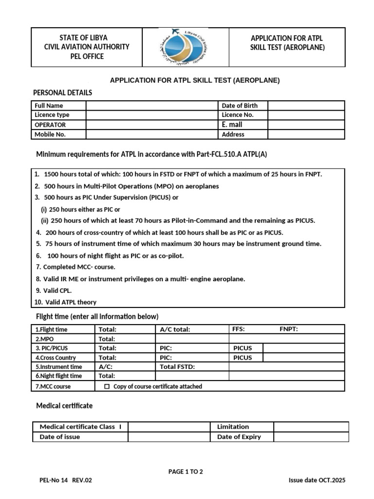 APPLICATION FOR ATPL SKILL TEST No.014 | PDF | Aviation | Aeronautics