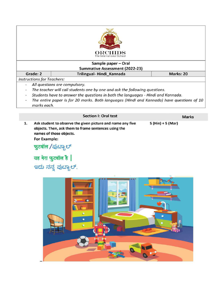 SA Sample Paper Grade 2 Trilingual-Hindi-Kannada QP.-1 Page-0001 (2) | PDF