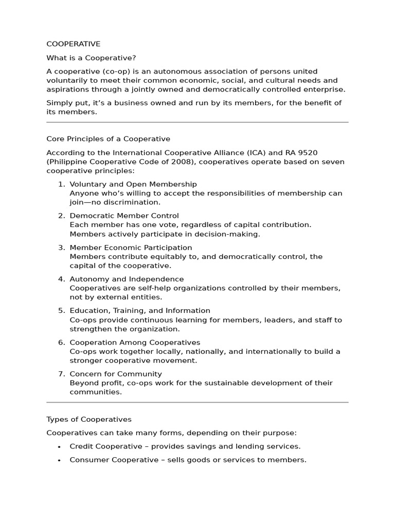 Understanding Cooperatives and Their Values | PDF