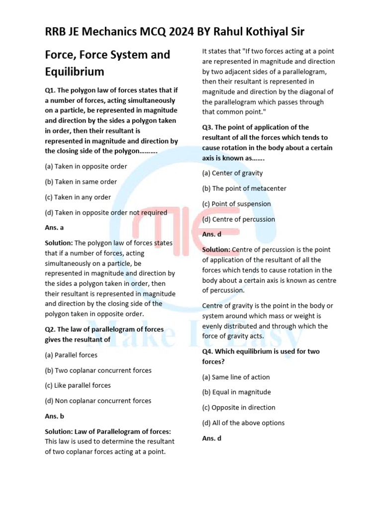 RRB JE Mechanics MCQ 2024 BY Rahul Kothiyal Sir Force, Force System and Equilibrium | PDF ...