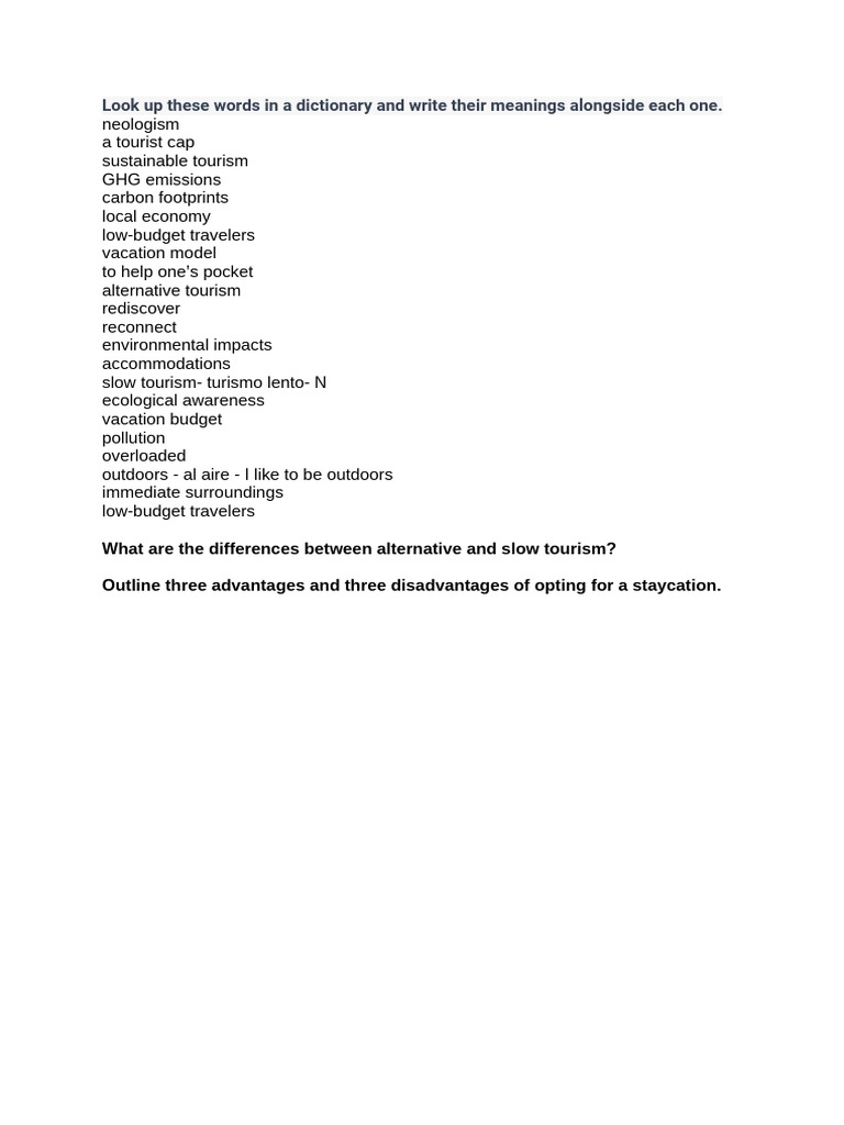Vocabulary List 1ºbach Ib - Staycation | PDF