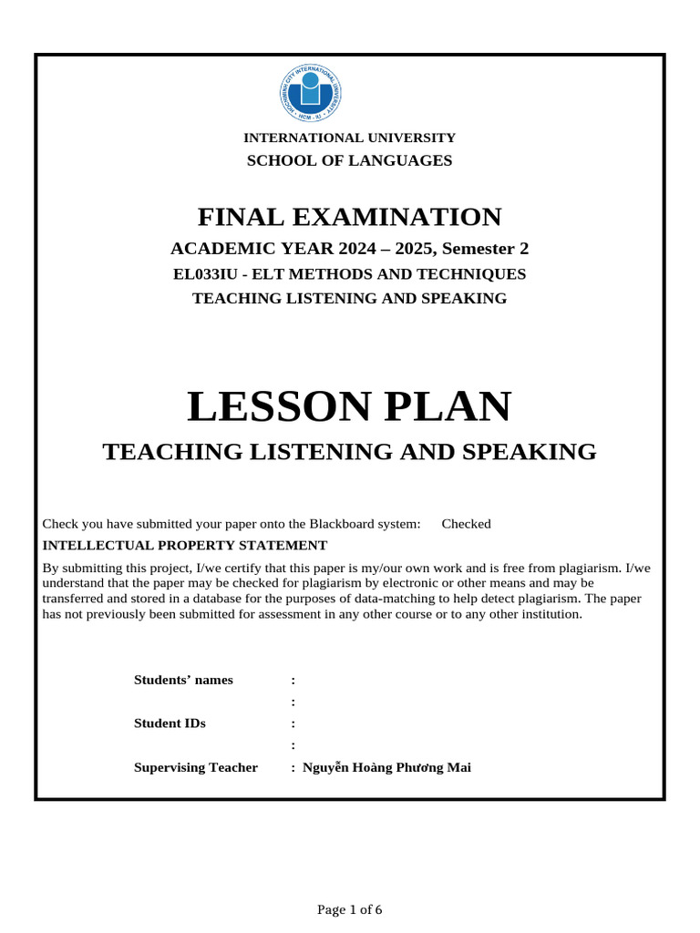 EL033IU ELT Teaching Listening and Speaking Final 2425S2 - Cover ...