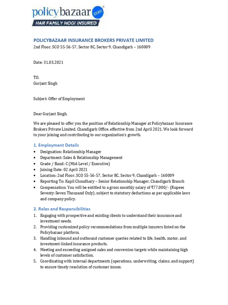Employment Offer for Relationship Manager | PDF | Insurance | Business