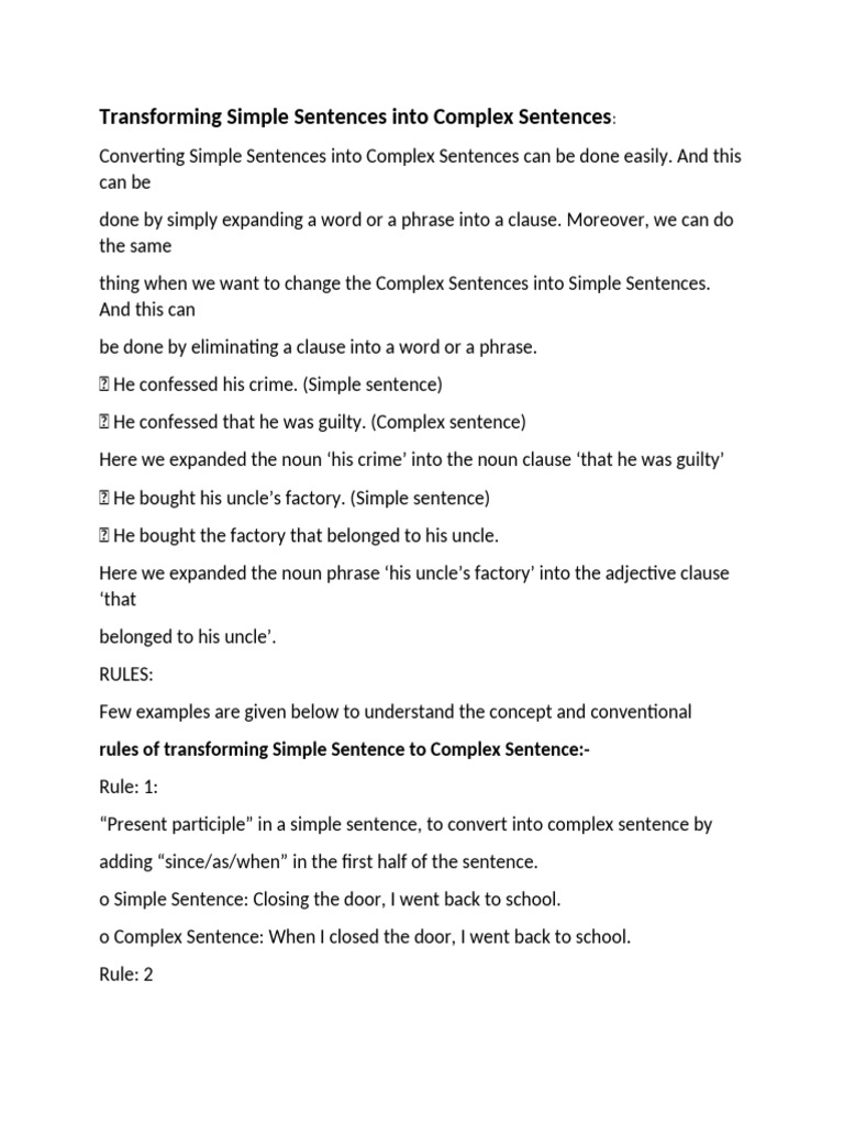 Transforming Simple to Complex Sentences | PDF | Sentence (Linguistics ...