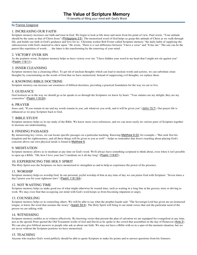 The Value of Scripture Memory - Francis Cosgrove | PDF | Righteousness ...