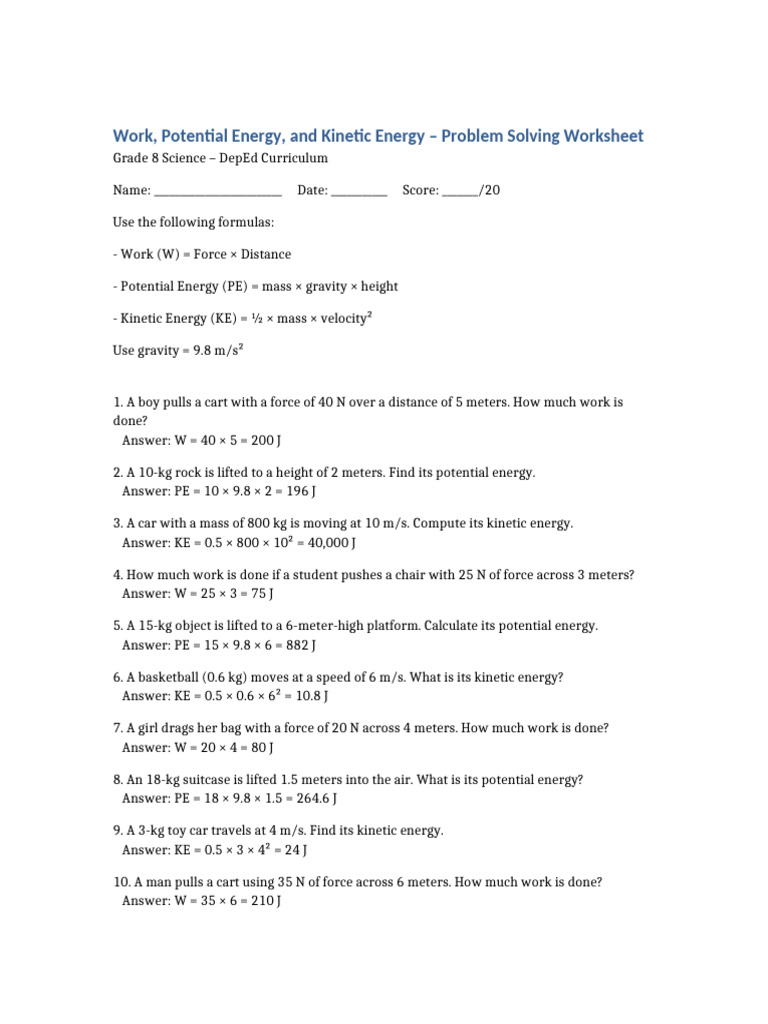 Grade 8 Energy and Work Problems Worksheet | PDF | Potential Energy | Force