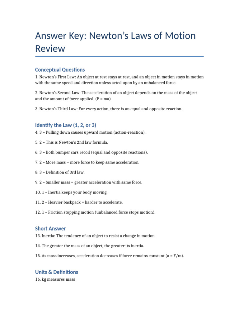 Newtons Laws Answer Key | PDF