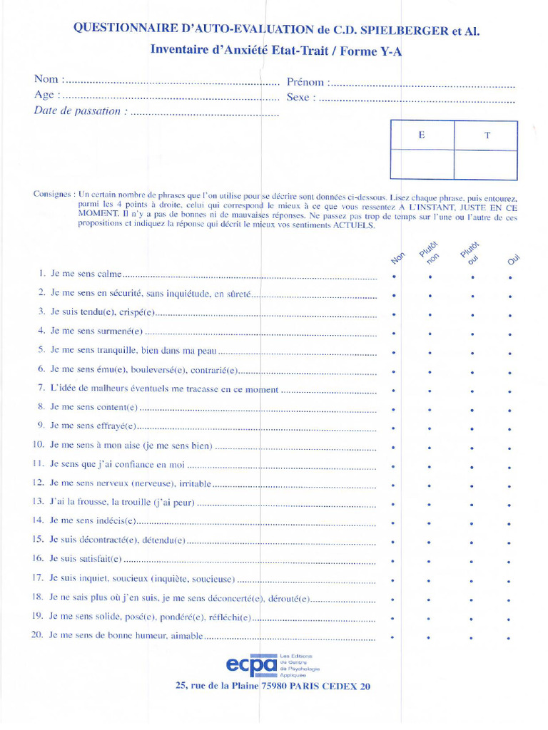 STAI - Cotation Et Normes | PDF