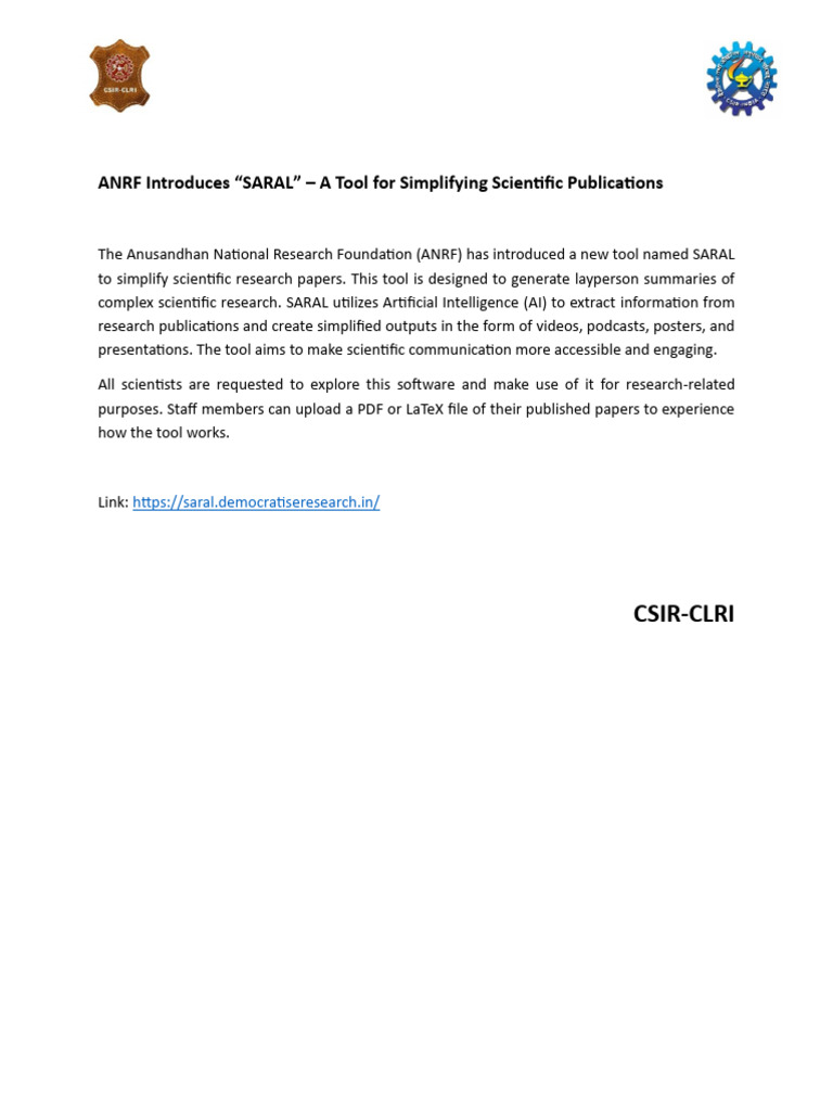 ANRF's SARAL: Simplifying Research Papers | PDF