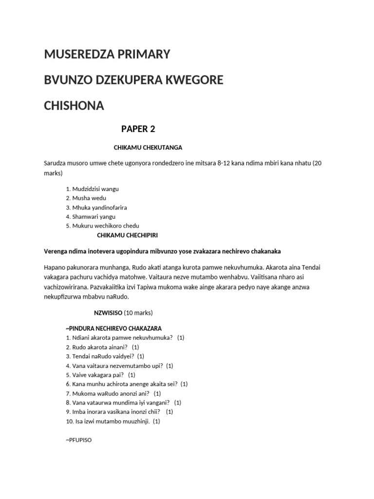 Chishona Paper 2: Mudzidzisi & Rudo | PDF