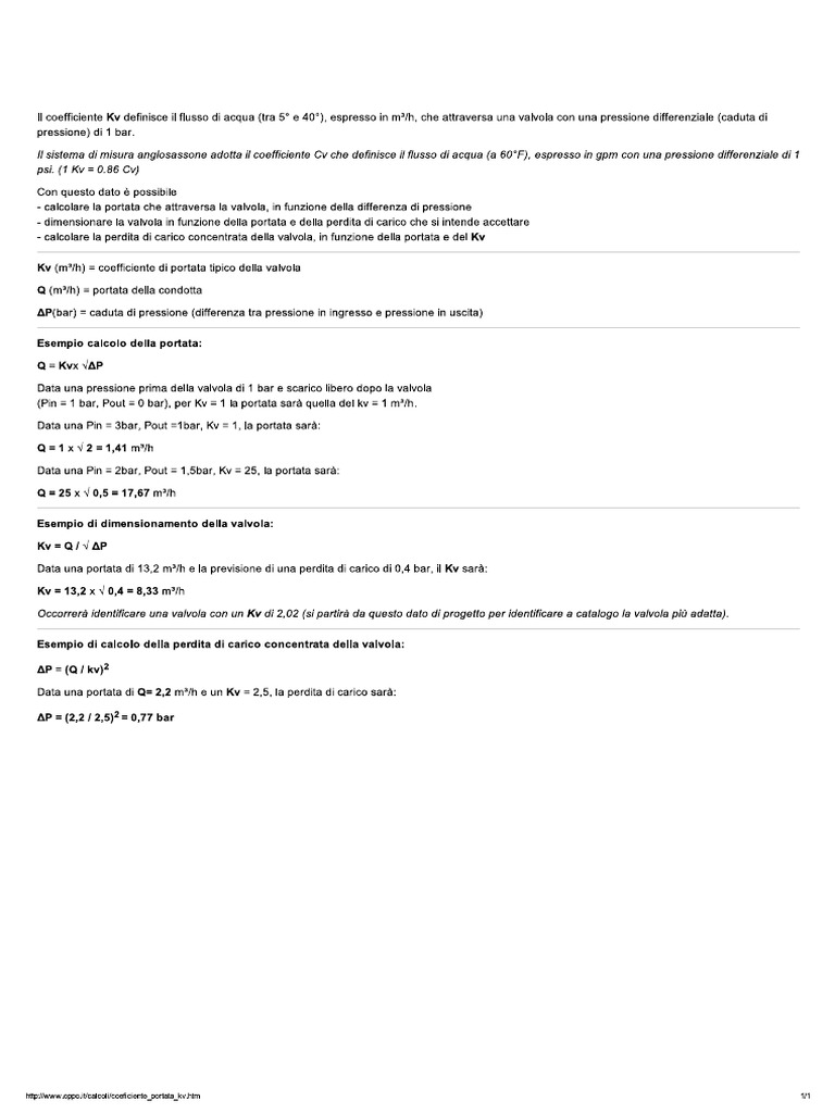 Coefficiente Di Portata (O Di Flusso) KV | PDF