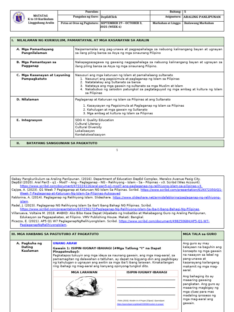 Ap 5 Matatag DLL - Q2 - W6 | PDF