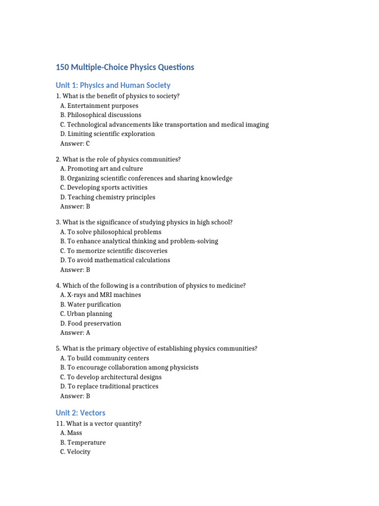 150 Multiple Choice Physics Questions | PDF