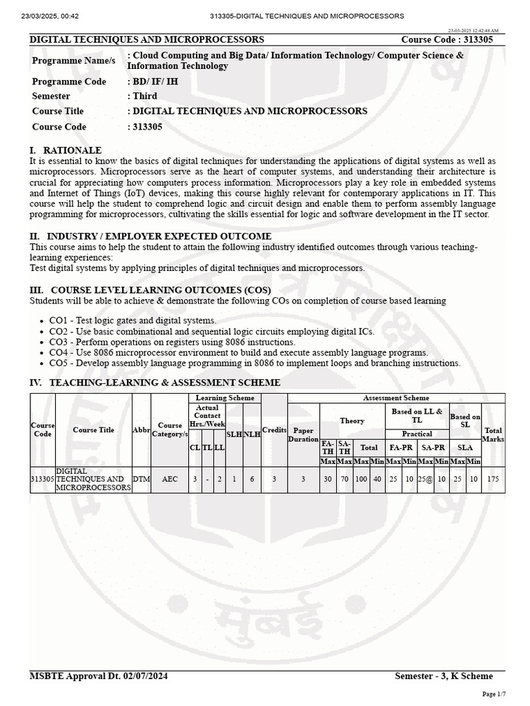 313305-Digital Techniques and Microprocessors | PDF | Digital Electronics | Computer Science
