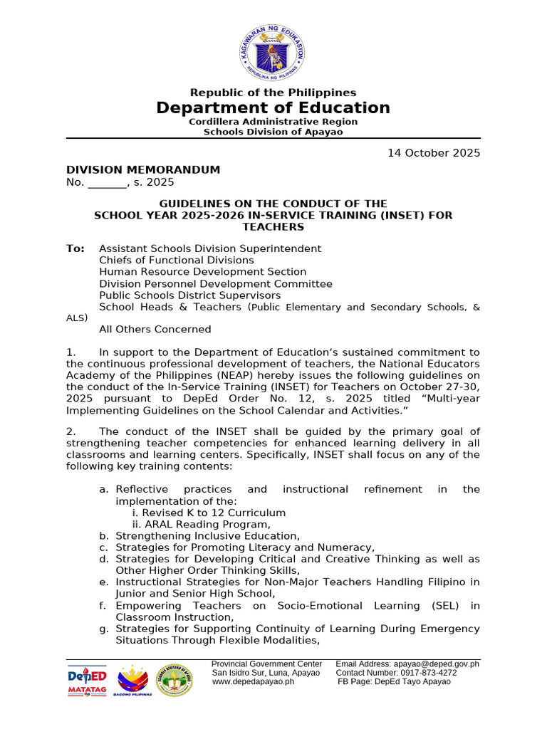 Advanced Memo INSET 2025 2026 | PDF | Teachers | Learning