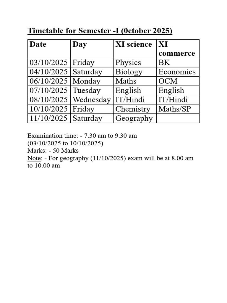 Semester I Timetable October 2025 | PDF