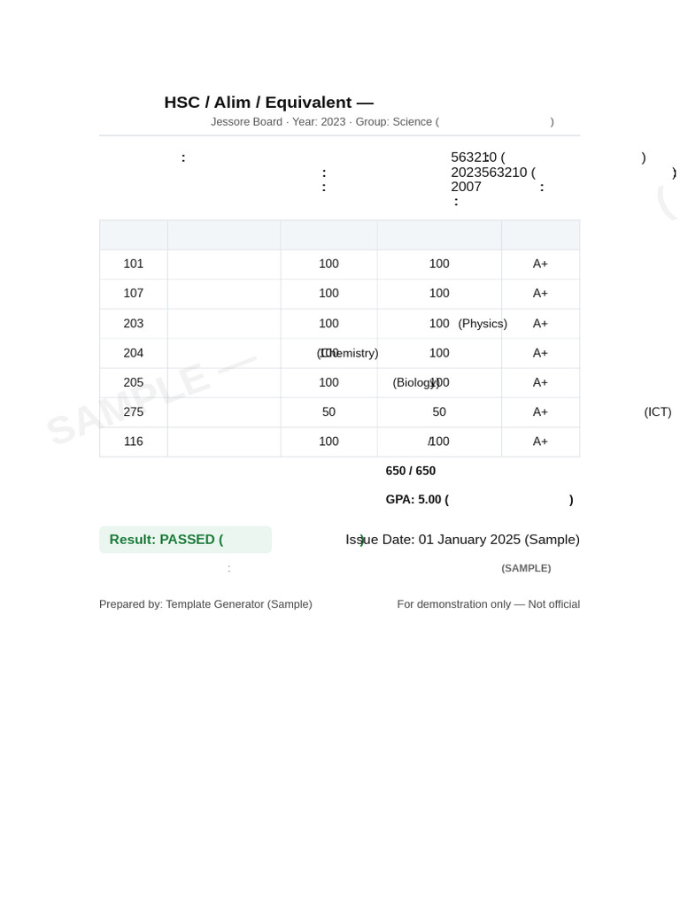 HSC Sample Result | PDF