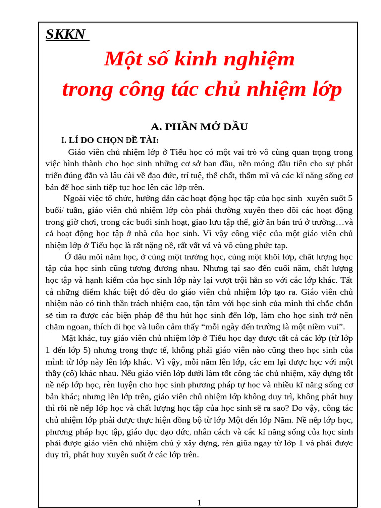 Kinh Nghiệm Trong Công Tác Chủ Nhiệm Lớp | PDF
