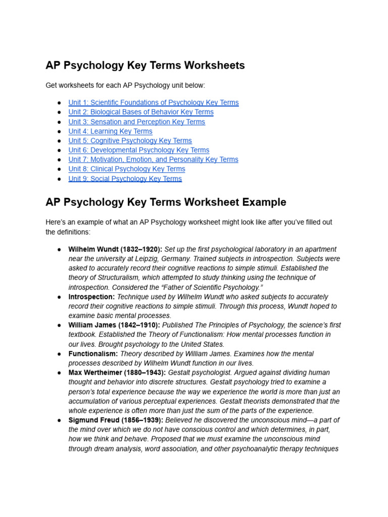 AP Psychology Key Terms Worksheets | PDF | Psychology | Cognition