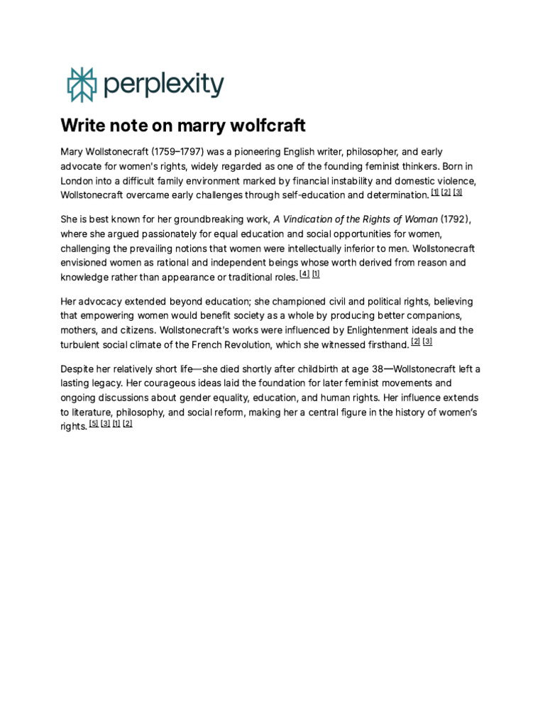 Write Note On Marry Wolfcraft | PDF