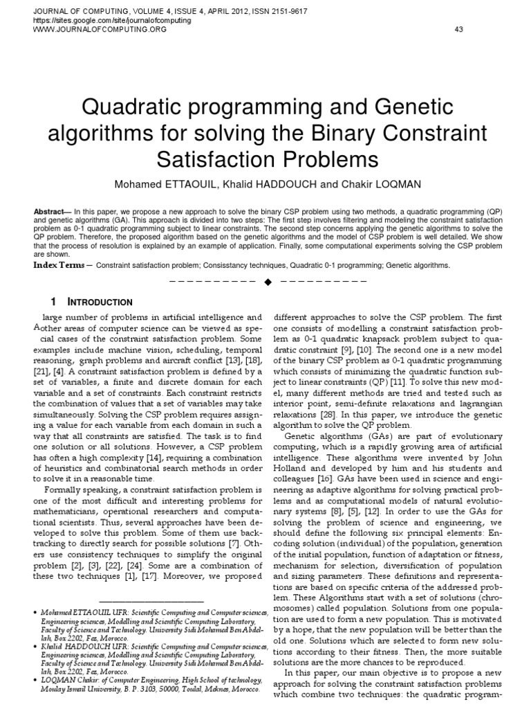 Quadratic Programming And Genetic Algorithms For Solving The Binary Constraint Satisfaction