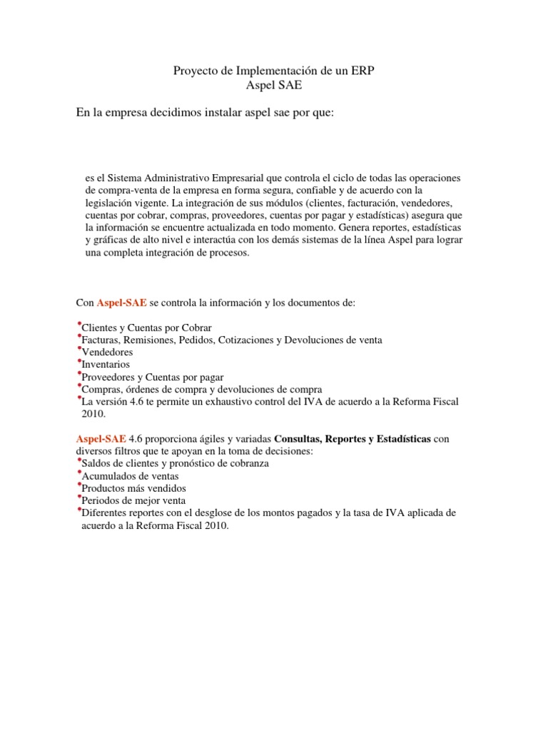 Proyecto de Implementación de Un ERP Aspel SAE | PDF | Red de ...