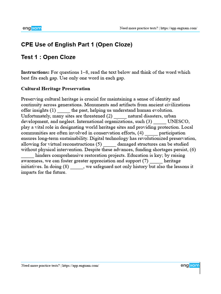 Part 2 Open Cloze Test 5 CPE | PDF | Cultural Heritage | Linguistics