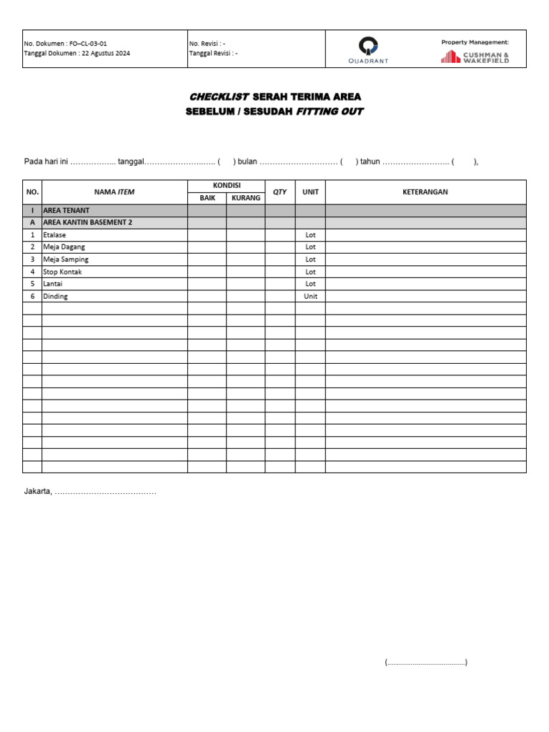 Form Checklist Serah Terima Kantin | PDF