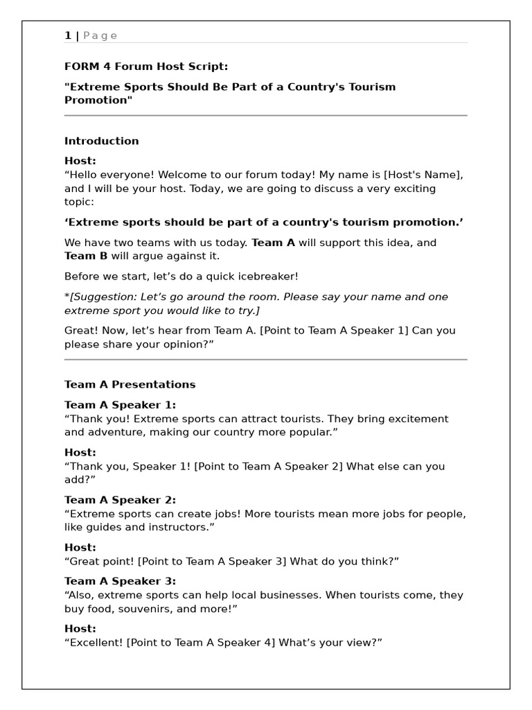 Extreme Sports in Tourism Debate Script | PDF