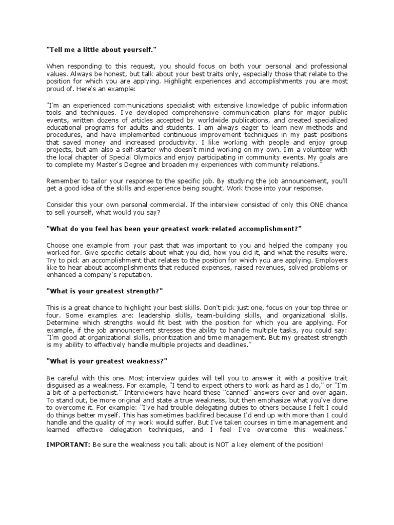 Tell Me A Little About Yourself | PDF | Time Management | Professional ...