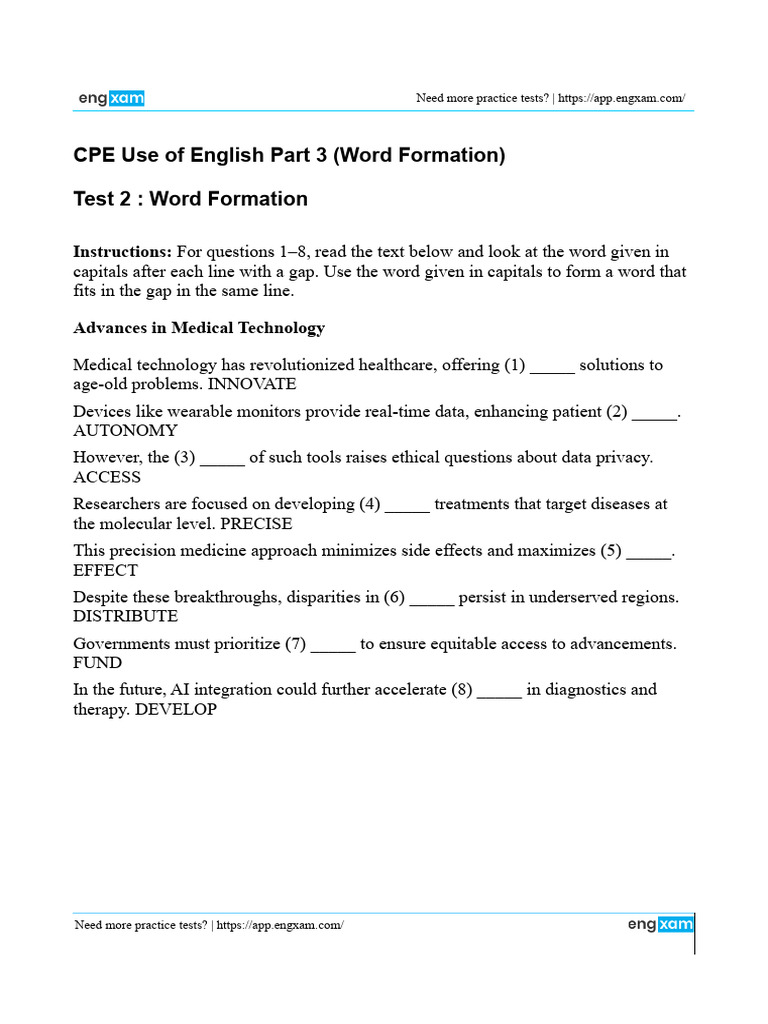 CPE Word Formation Practice Test 2 | PDF | Health Sciences | Medicine