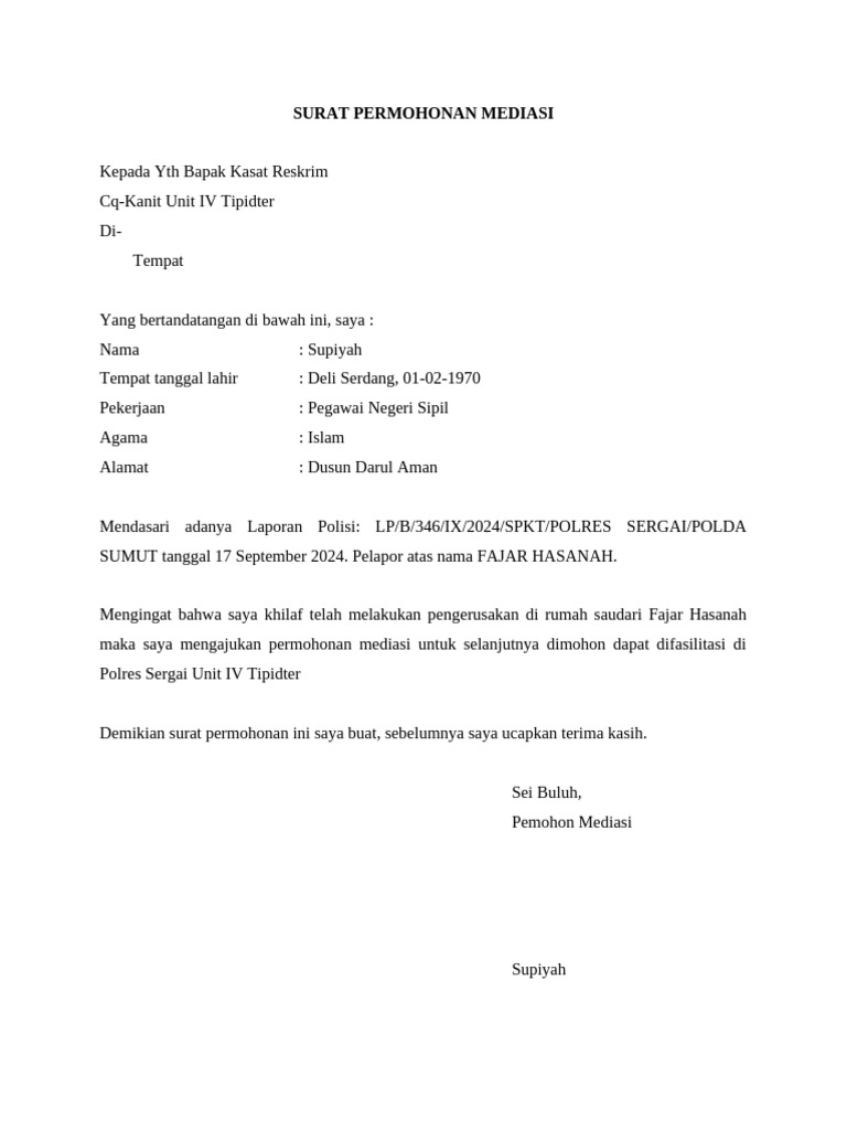 Surat Permohonan Mediasi ke Polres | PDF