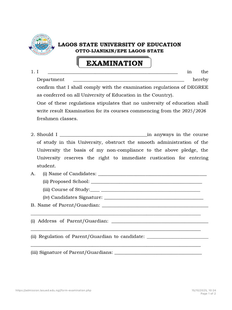 Examination Form - Lagos State University of Education | PDF