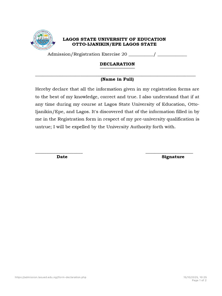 Declaration Form - Lagos State University of Education | PDF