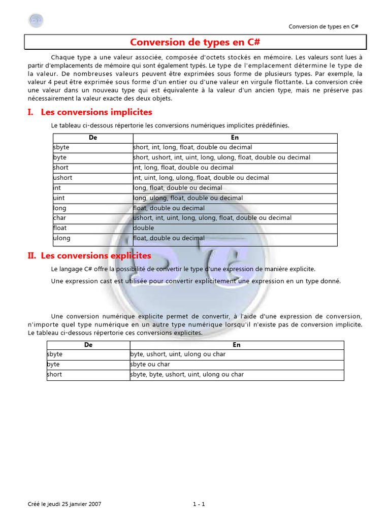 Conversion de types en C# expliquée | PDF | C# (Langage de ...