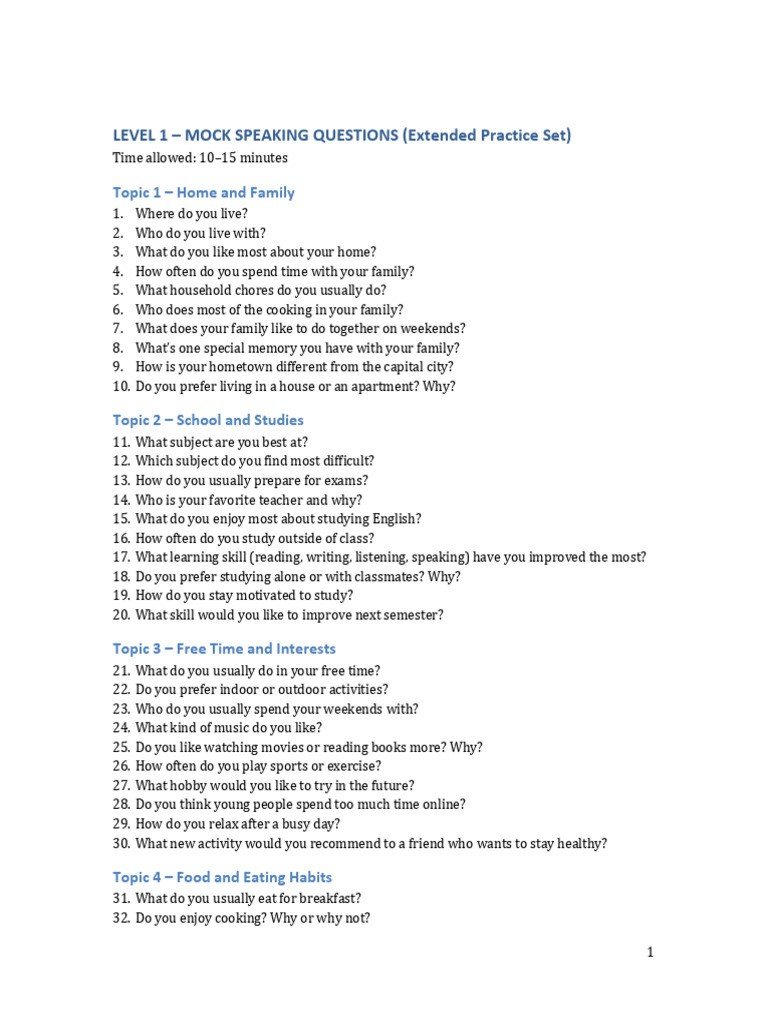 Mock Speaking Questions for ESL Practice | PDF | Fluency | Cognition