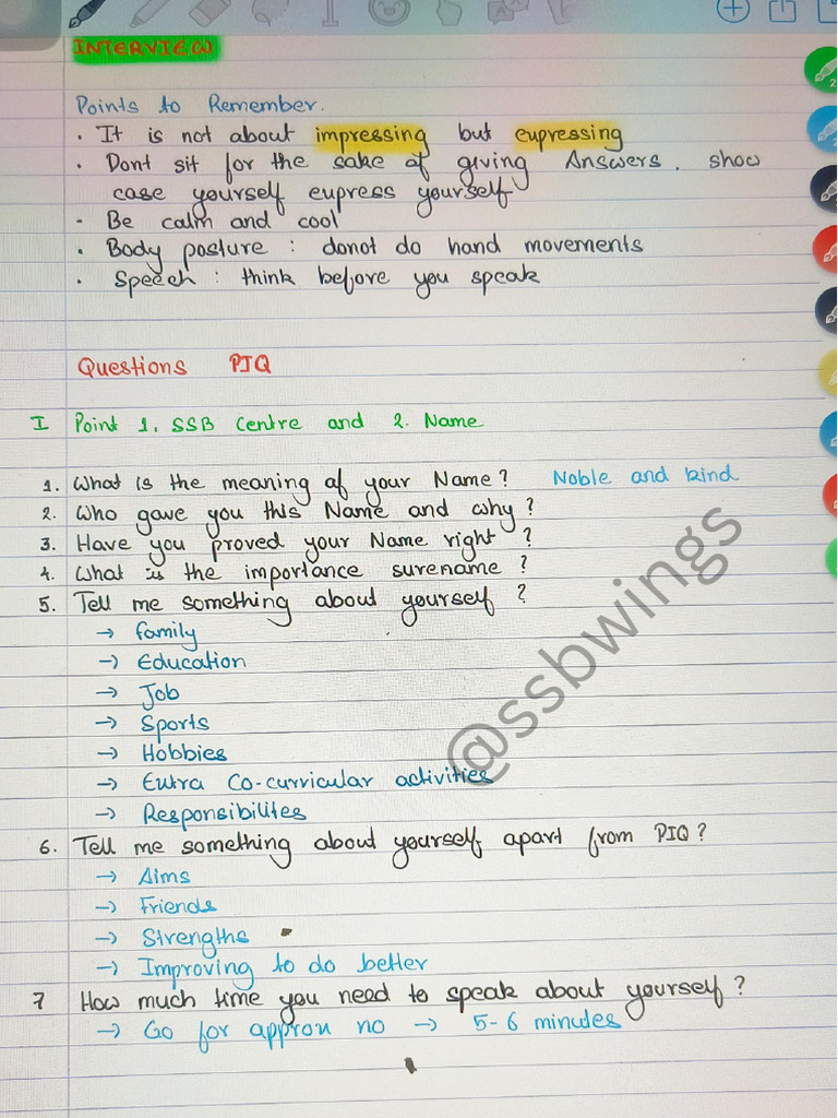 Handwritten Notes, PIQ Questions @ssbwings by A Recommended Candidate | PDF