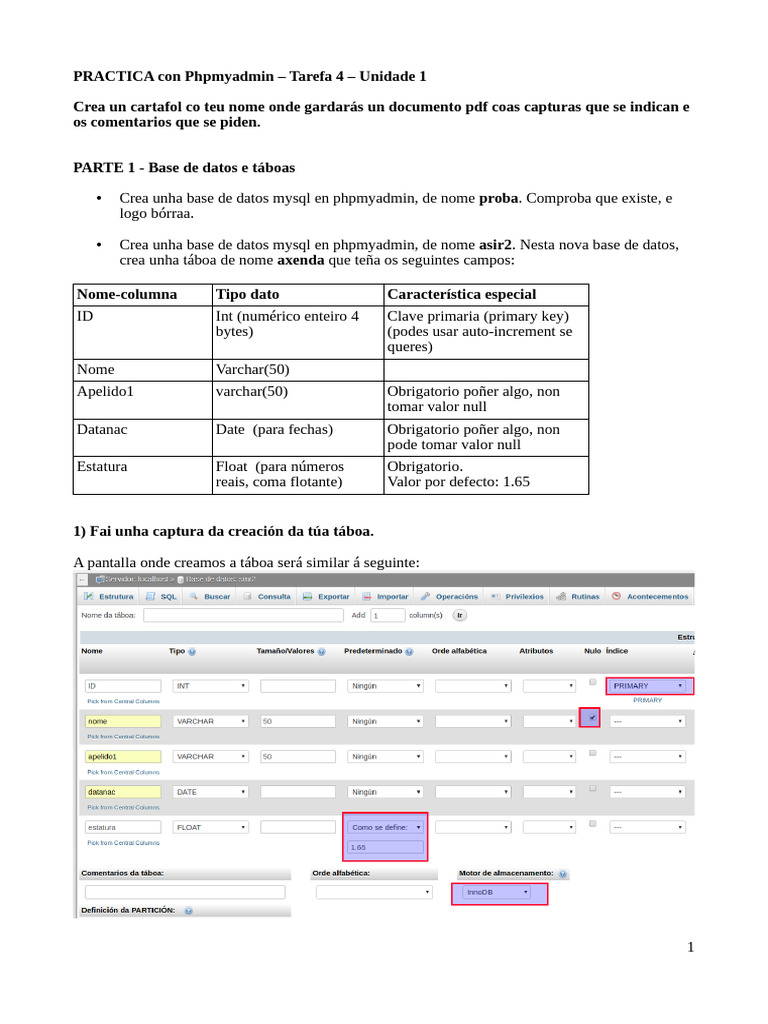 1.2 (Tarefa) Tarefas Unidade1 - 4 - Practica Phpmyadmin | PDF